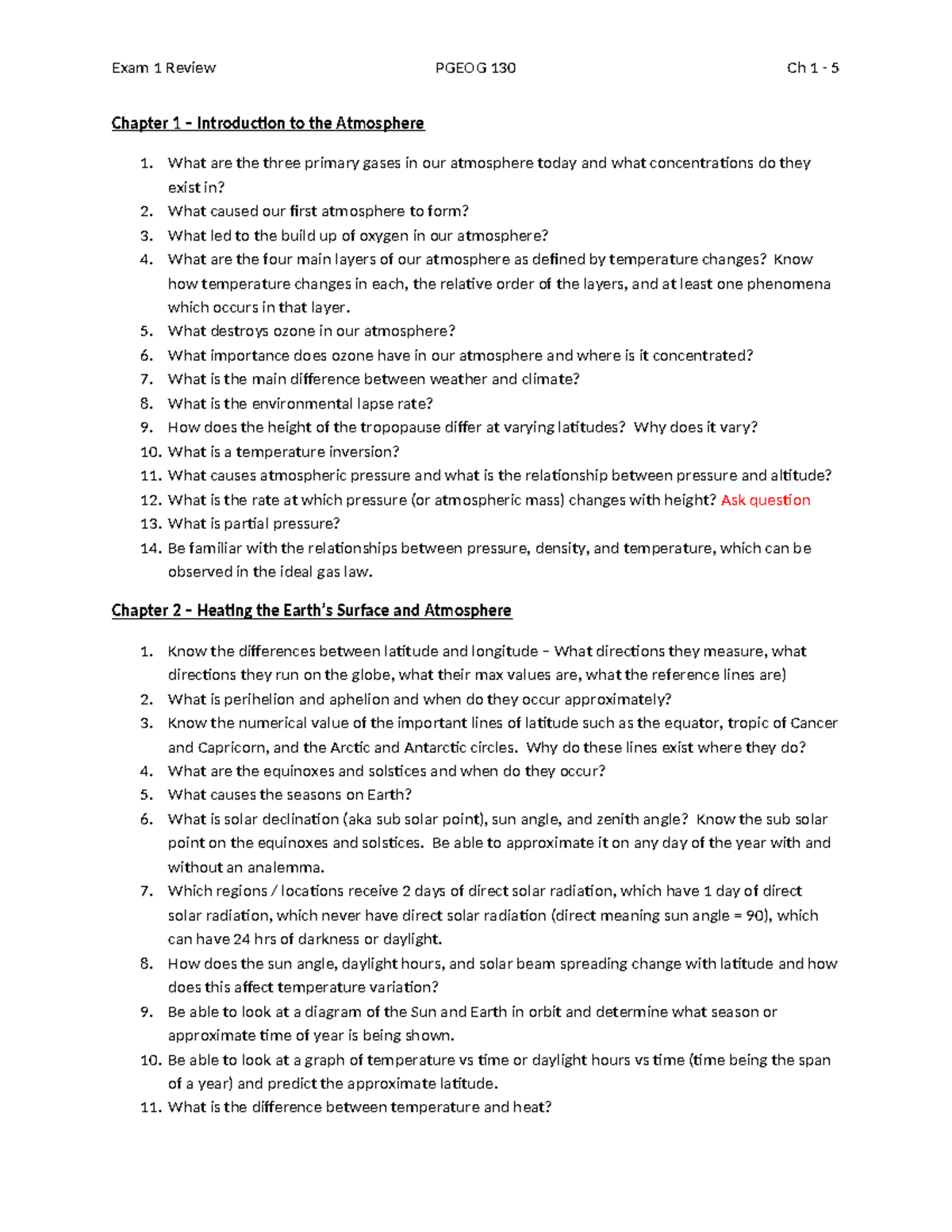 Exam 1 Review Questions (Ch 1 - 5) - Exam 1 Review PGEOG 130 Ch 1 - 5 ...