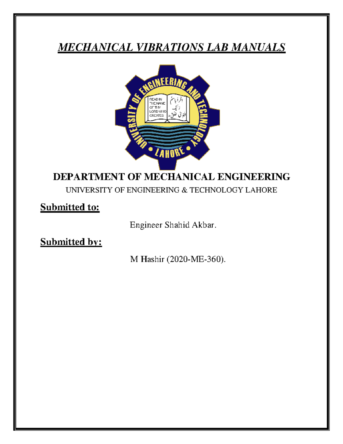 MV LAB 1 Hashir - lecture in grip - MECHANICAL VIBRATIONS LAB MANUALS ...