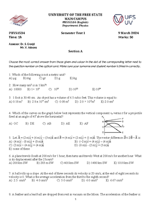 Tut 2 test memos - tutorial - PHYS1534 Tutorial test 2A 03 March 2024 6 ...