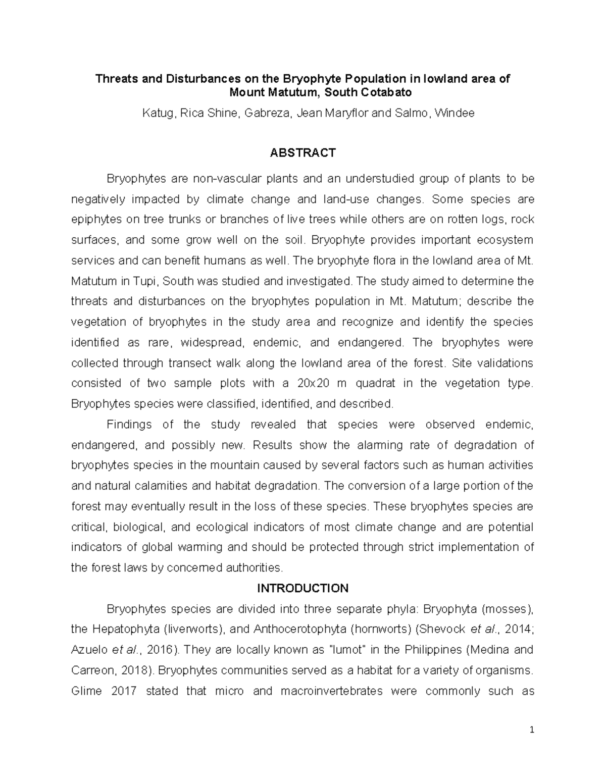Final Project - ABSTRACT Bryophytes are non-vascular plants and an ...