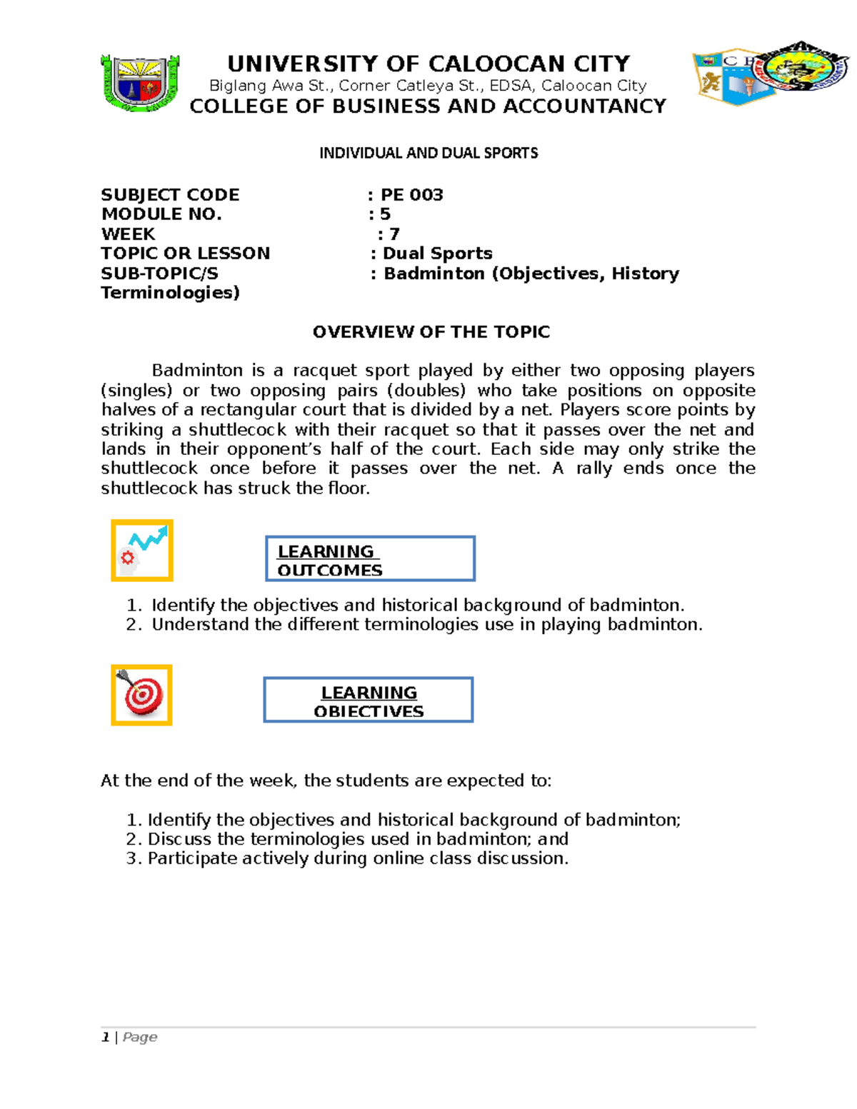 PE 003 CBA Module 5 Week 7 PE 003 Objectives History Terminologies of ...