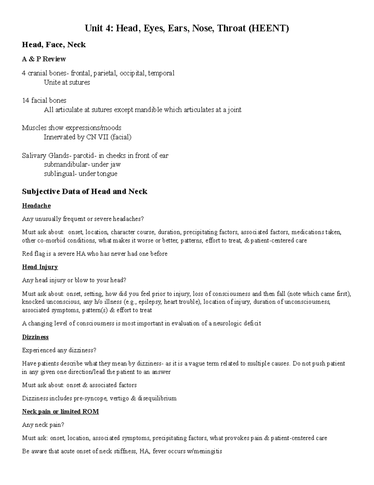 Unit 4 Notes - HEENT - Unit 4: Head, Eyes, Ears, Nose, Throat (HEENT ...