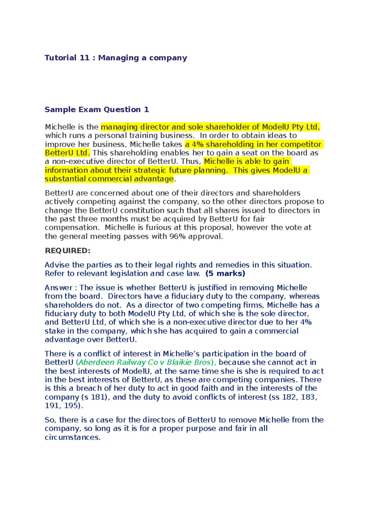 Tutorial 11 answers - Tutorial 11 : Managing a company Sample Exam ...