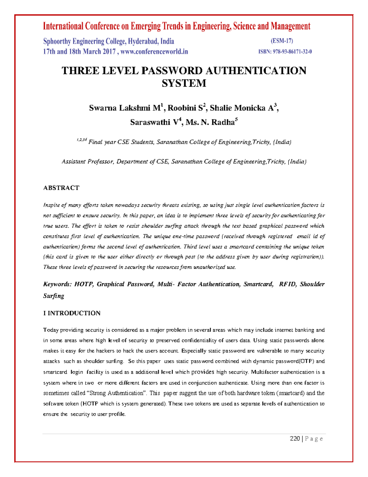P220-228 - THREE LEVEL PASSWORD AUTHENTICATION SYSTEM Swarna Lakshmi M 1 , Roobini S 2 , Shalie ...