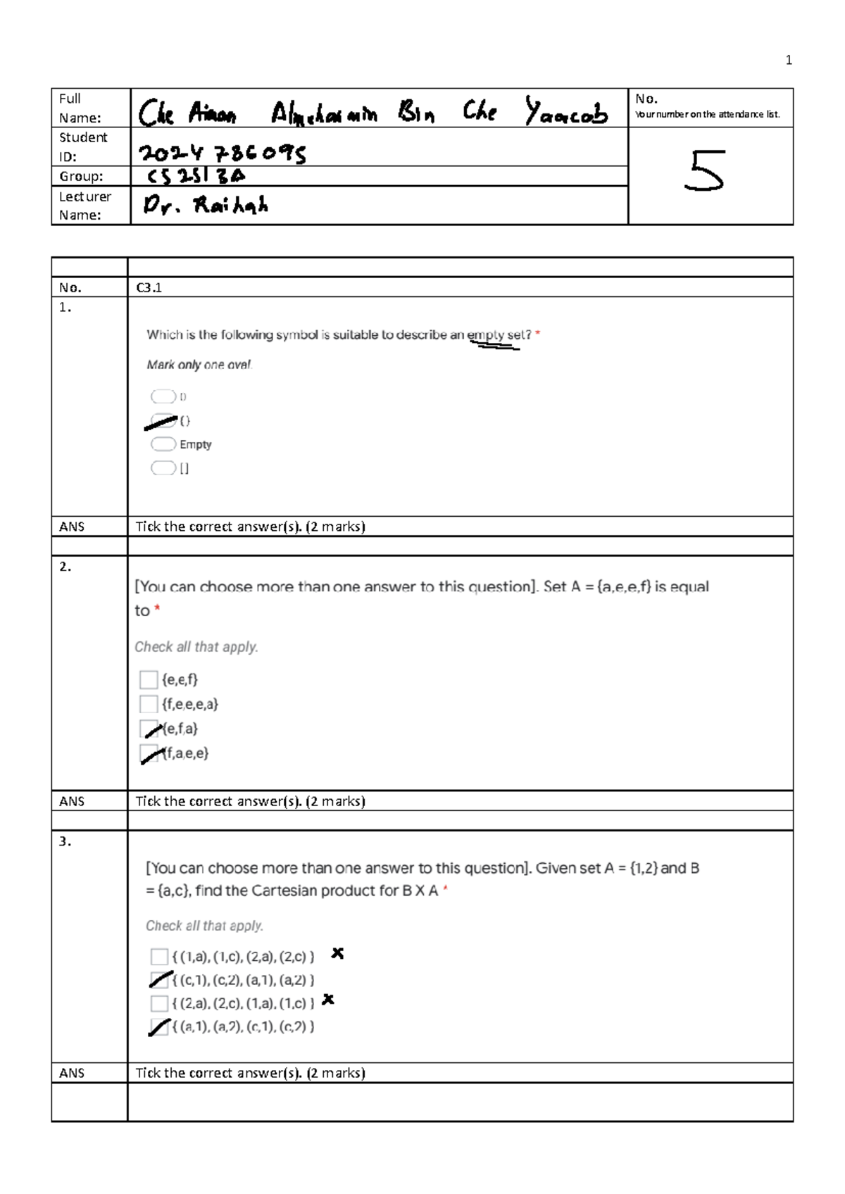 Discrete Mathematics C3.1 - Full Name: No. Your number on the ...