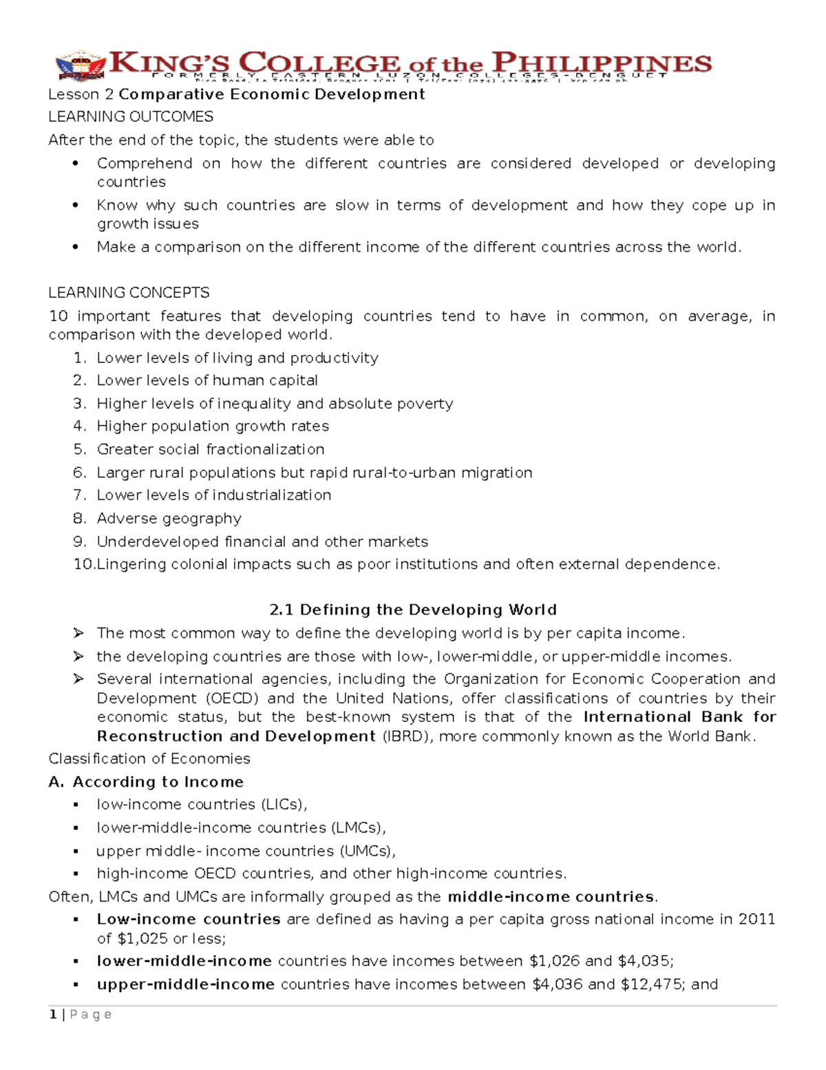 Cas 7 LS2 - noteS - Lesson 2 Comparative Economic Development LEARNING ...