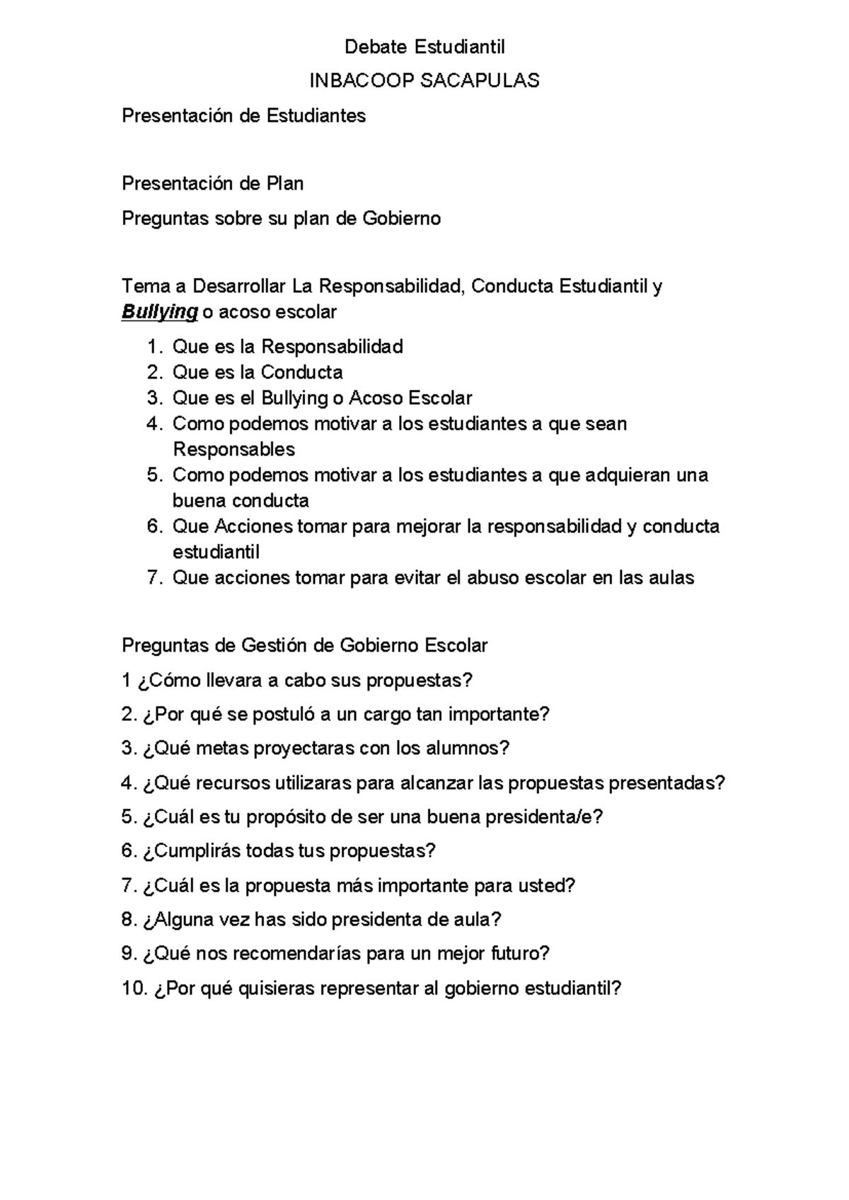 Debate Estudiantil - Debate Estudiantil INBACOOP SACAPULAS Presentación ...