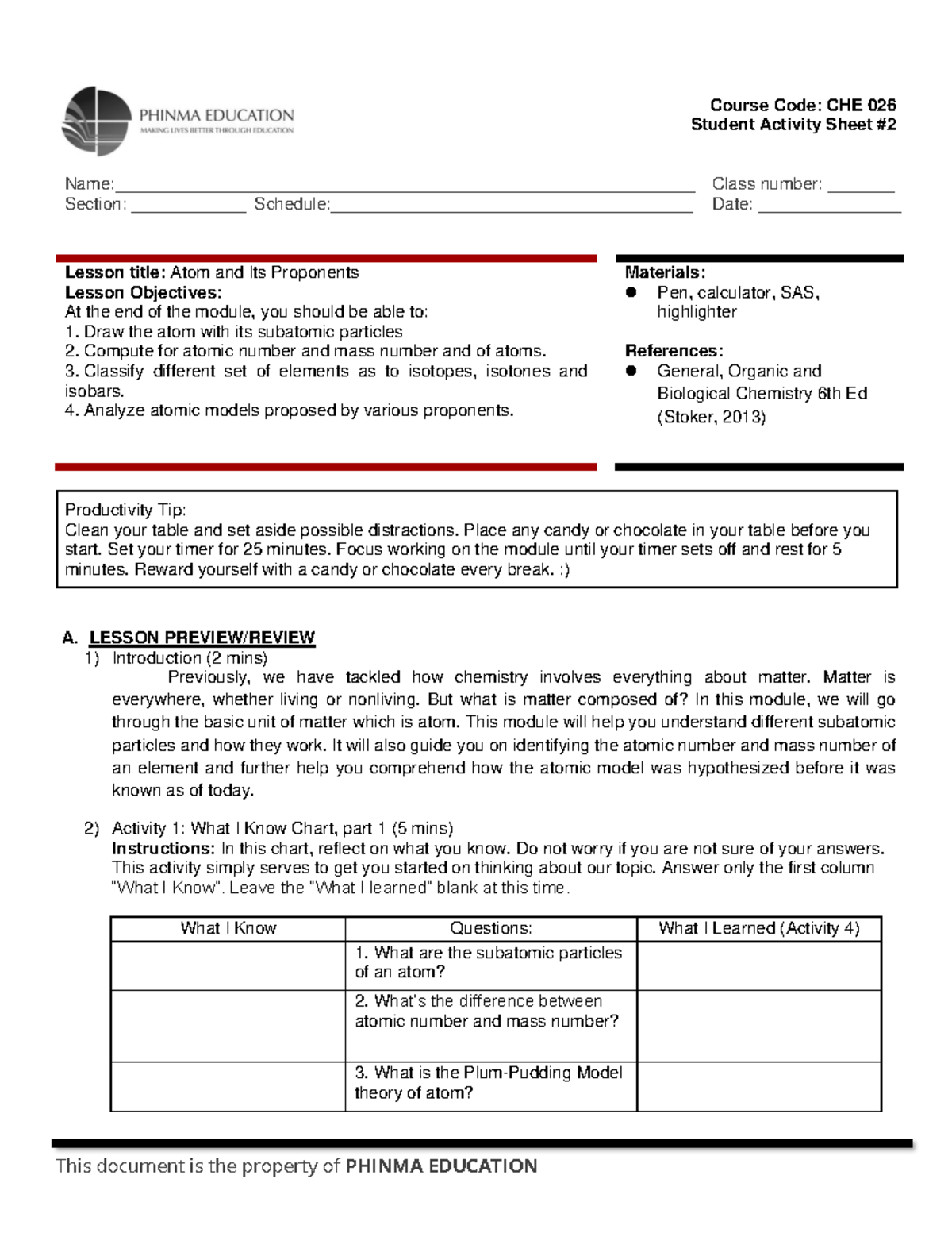 SAS 2 Module 2 Atom and Its Proponents - Student Activity Sheet # - Studocu