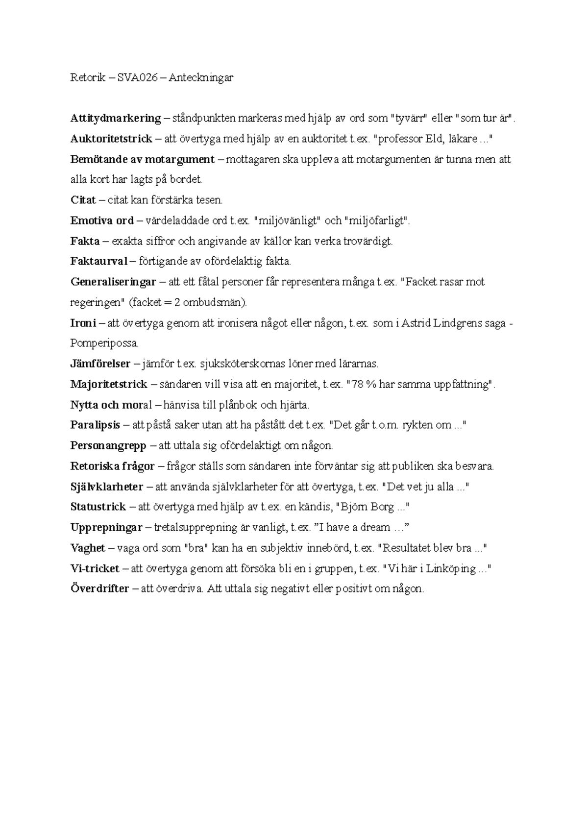 Retorik - SVA026 - Anteckningar - Retorik – SVA026 – Anteckningar Attitydmarkering ...