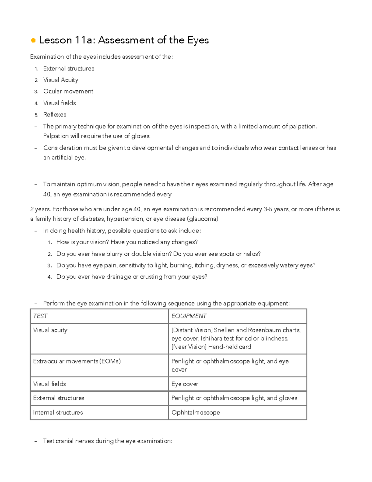 HEALTH ASSESSMENT Lesson 11a - Lesson 11a: Assessment of the Eyes ...