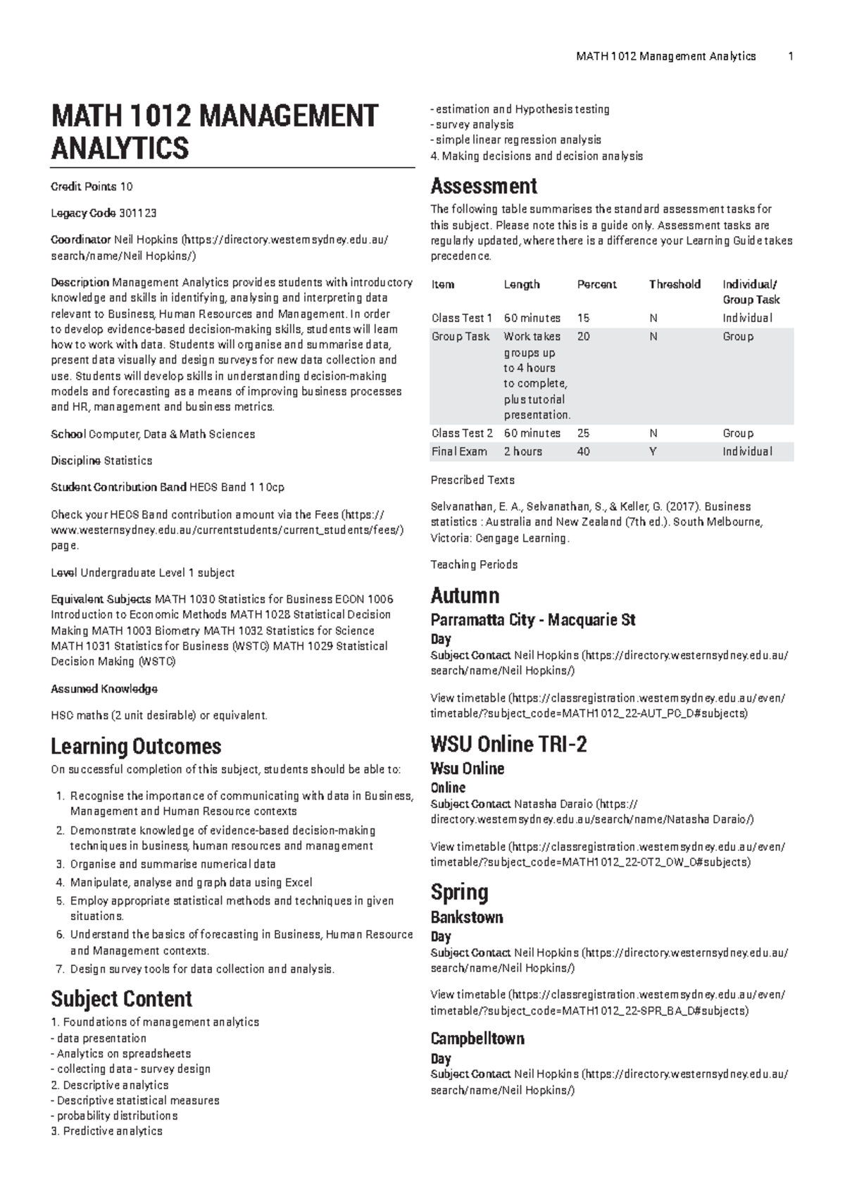Math1012 - course outline of managment analytics - MATH 1012 Management Analytics 1 MATH 1012 ...