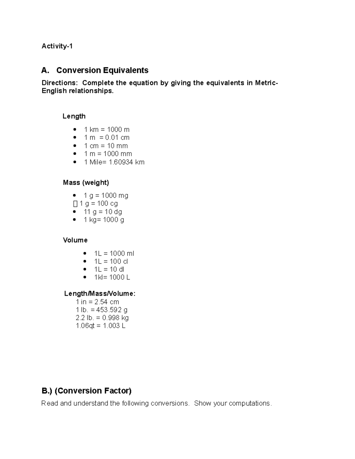 Activity - nice - Activity- A. Conversion Equivalents Directions ...