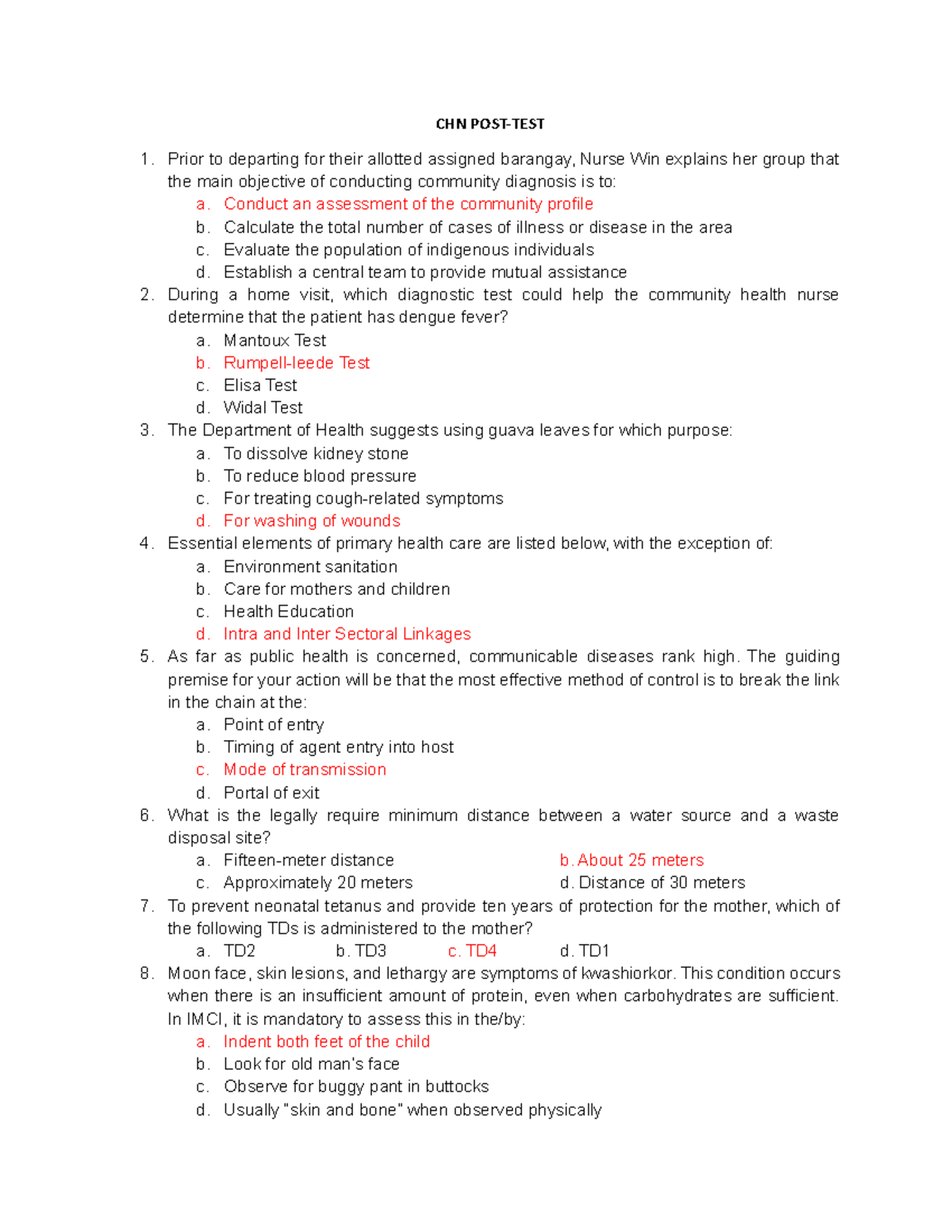 CHN- Posttest-1 - Post test - CHN POST-TEST Prior to departing for ...