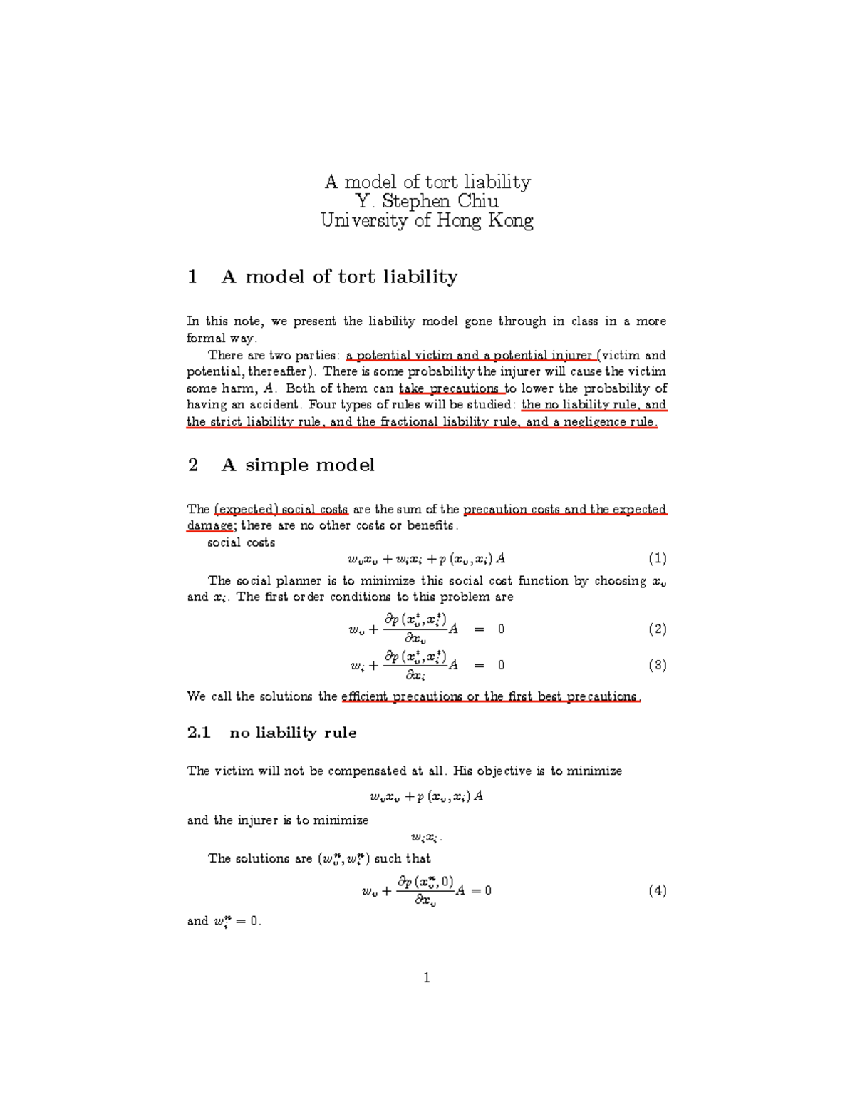 Tort law - A model of tort liability Y. Stephen Chiu University of Hong ...