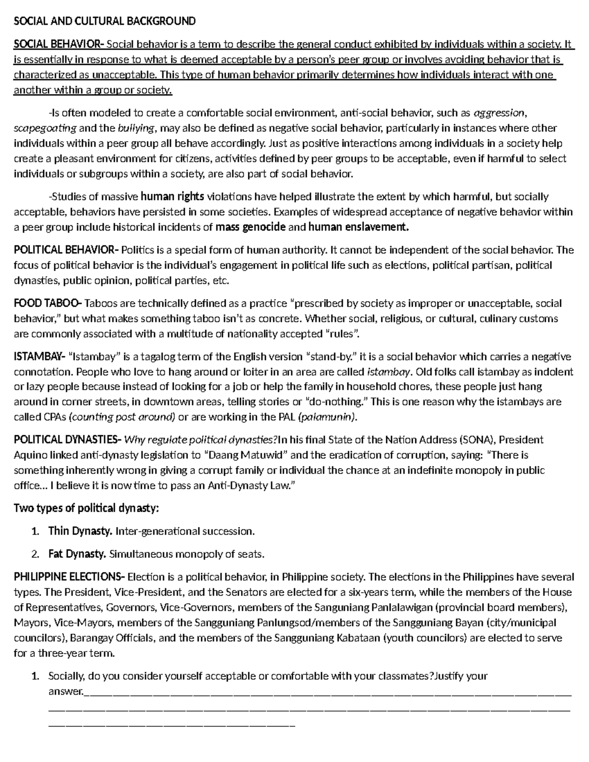 Handouts 1 - ucsp 11 - SOCIAL AND CULTURAL BACKGROUND SOCIAL BEHAVIOR ...