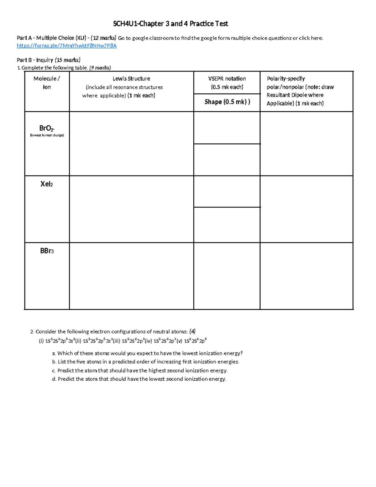 Chapter 3 & 4 practice test - SCH4U1-Chapter 3 and 4 Practice Test Part ...