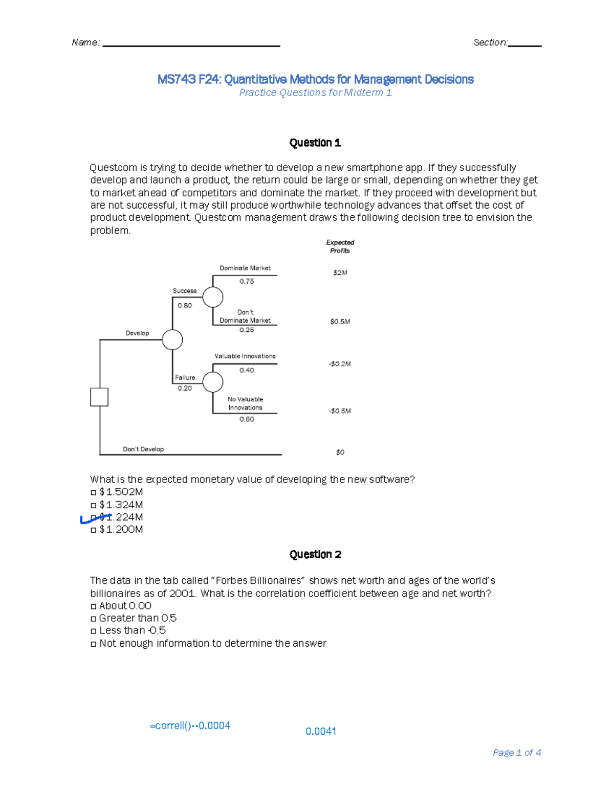Practice Questions Midterm 1 F24 - Name: Section: Page 1 of 4 MS743 F24 ...