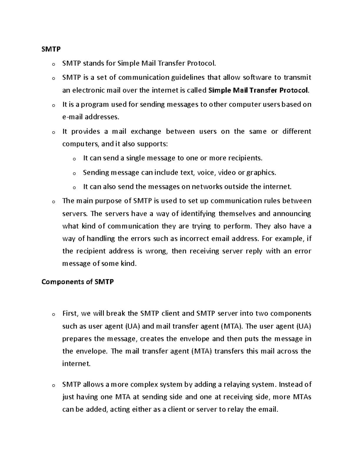 Smpt protocol - Describe working and components of smTp - SMTP o SMTP ...