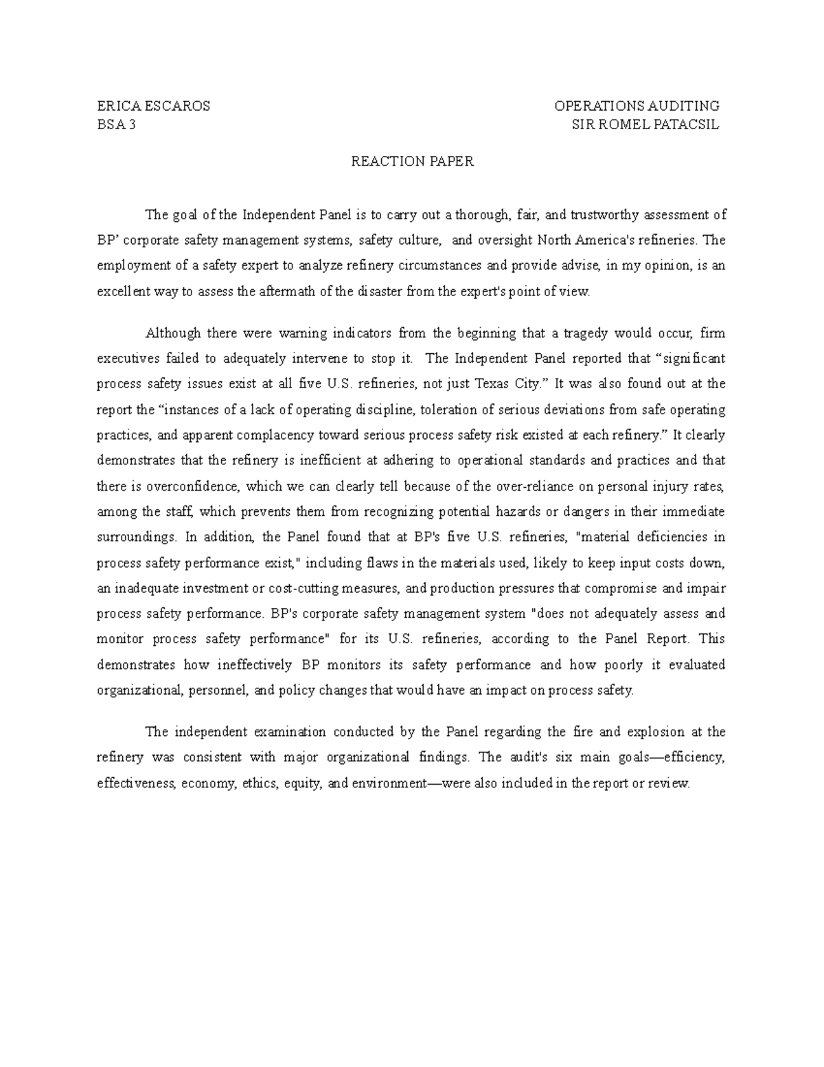 Reaction Paper - Short reflection essay - ERICA ESCAROS OPERATIONS ...
