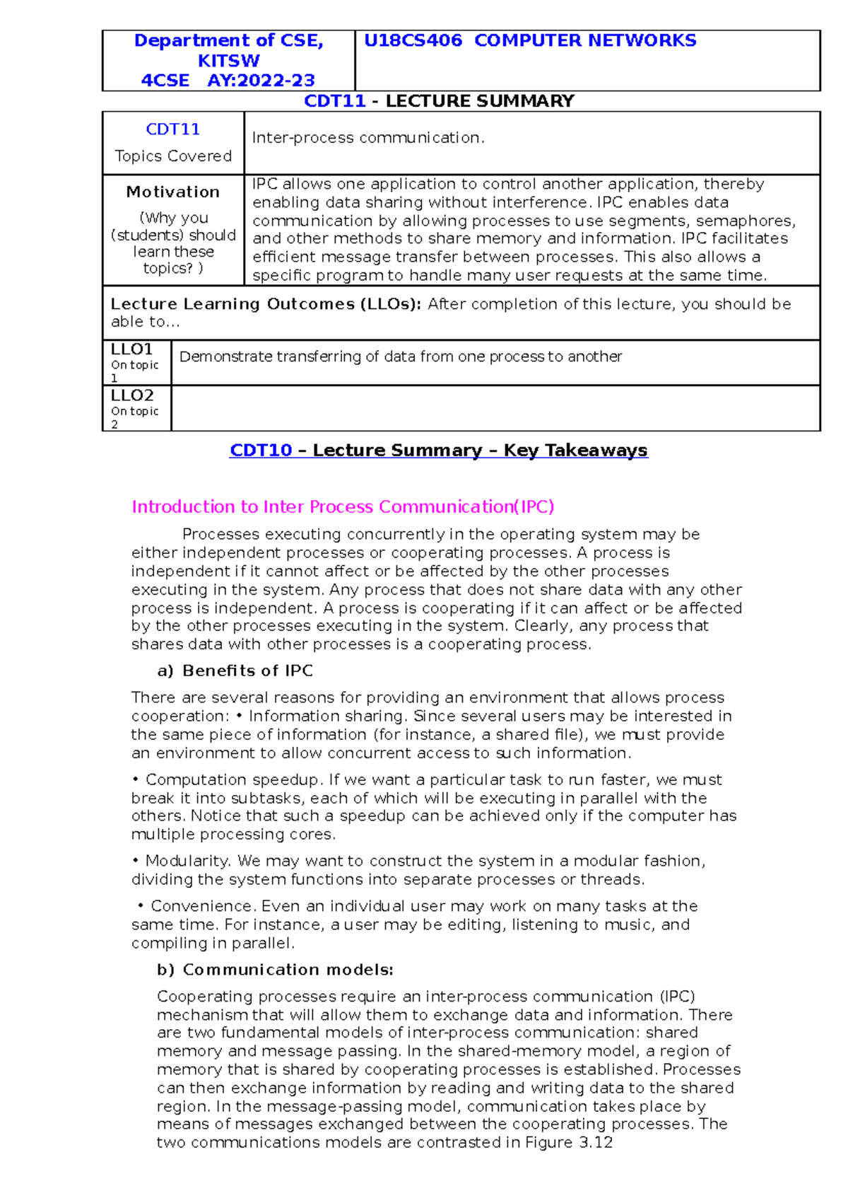 Os Cdt11u2 Important Notes Department Of Cse Kitsw 4cse Ay2022 U18cs406 Computer Networks