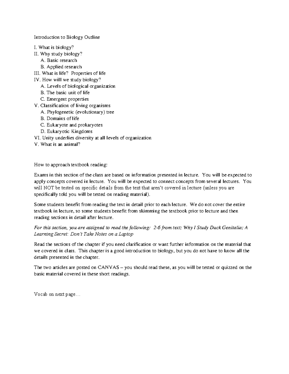 Intro outline F19 - lecure - Introduction to Biology Outline I. What is ...