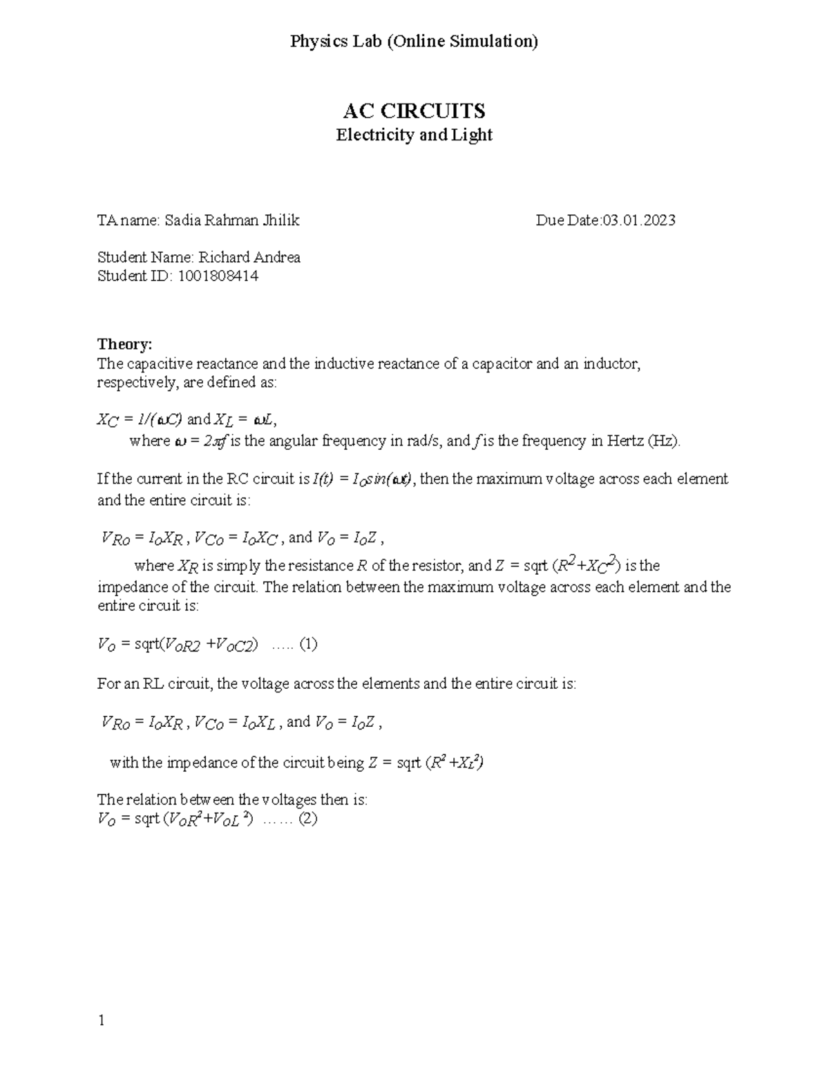 Physics Lab: AC Circuits and Impedance - Studocu