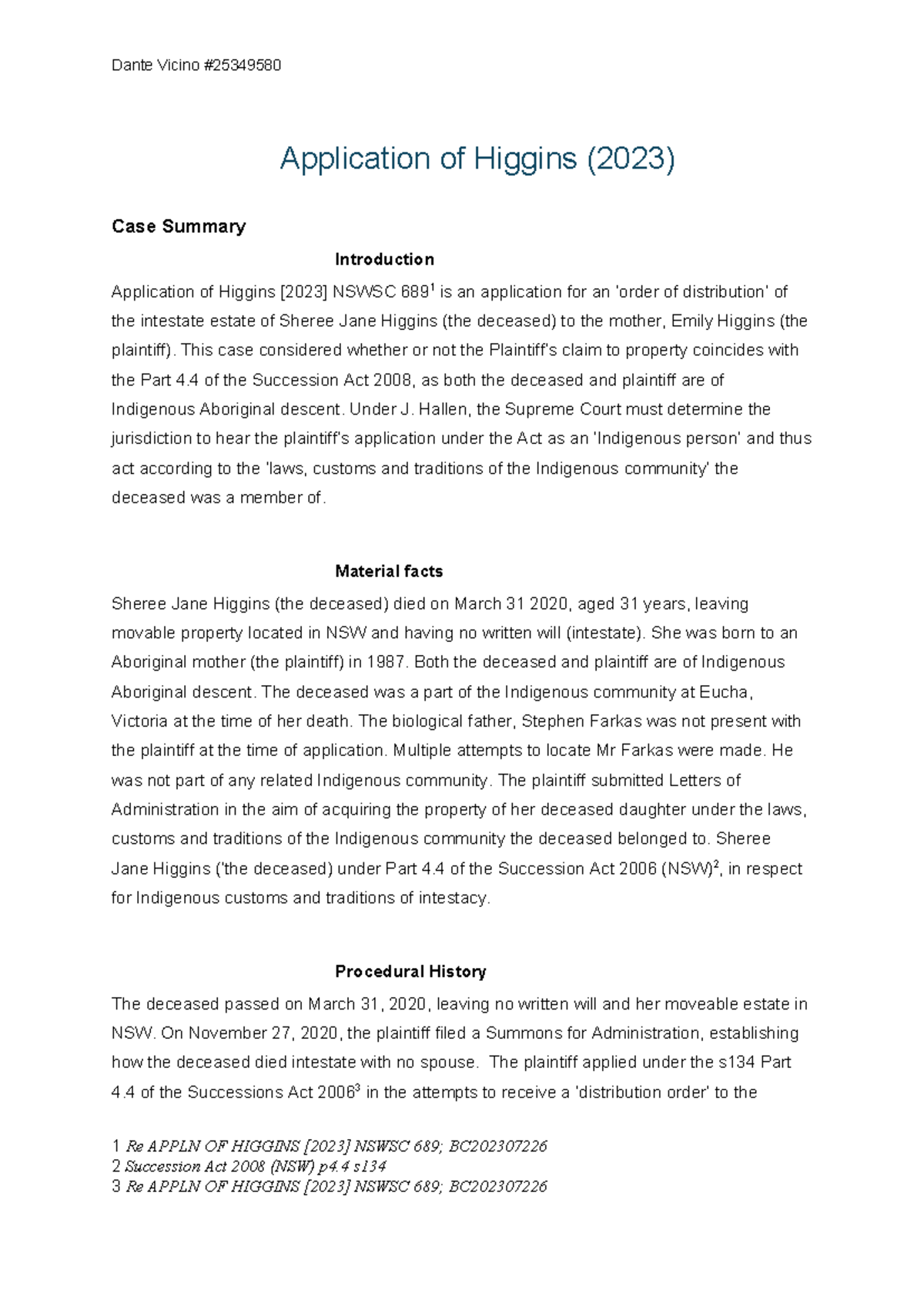 Critical Case Note 2024 - Dante Vicino #25349580 (2) - Application of Higgins (2023) Case ...