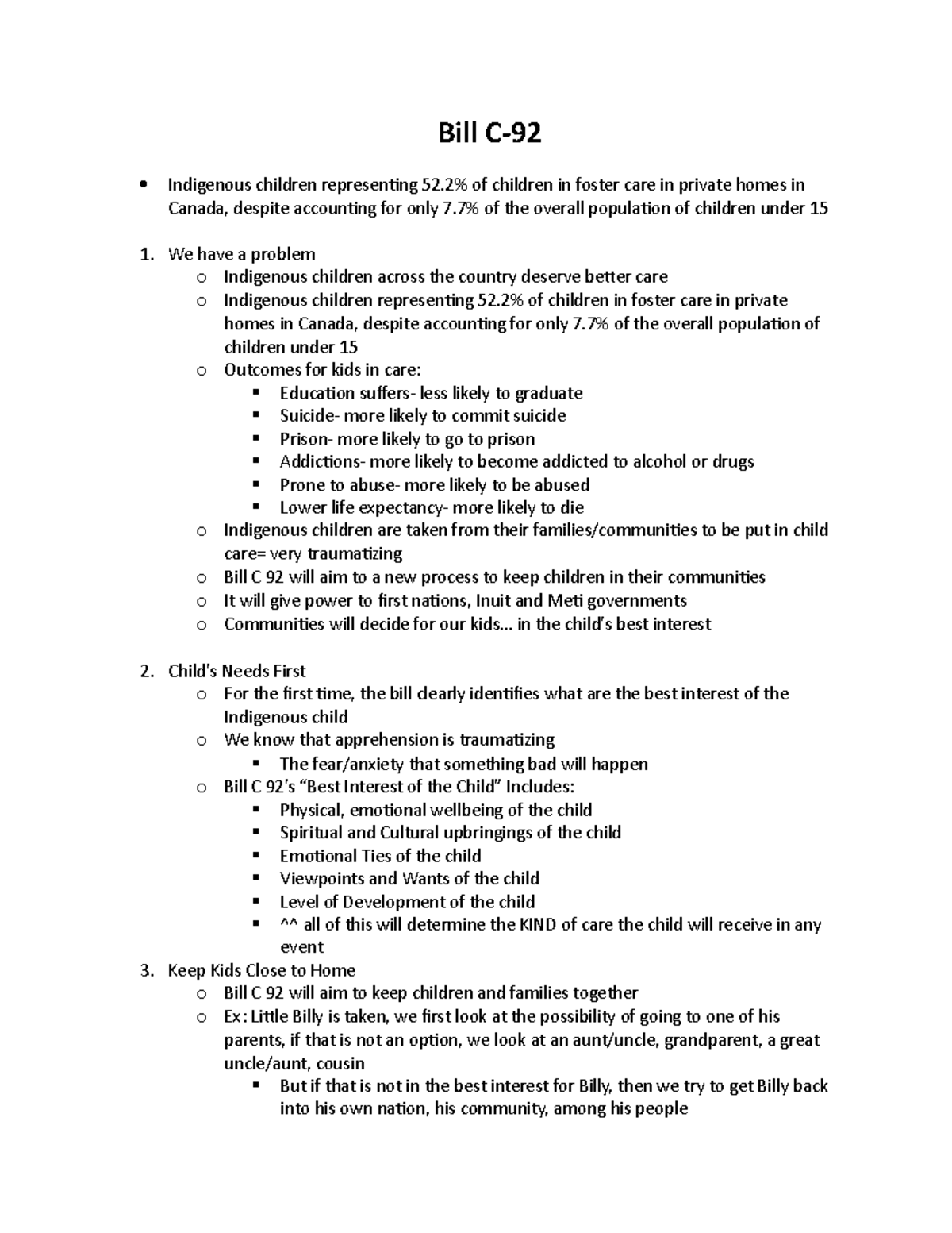Bill C 92 - lecture notes - Bill C- Indigenous children representing 52 ...