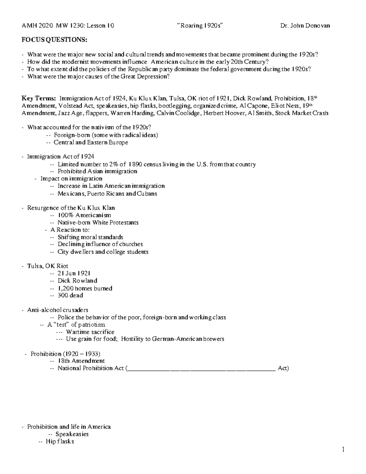 Lesson 10 outline - Notes - 1 AMH 2020 MW 1230 : Lesson 10 “Roaring ...