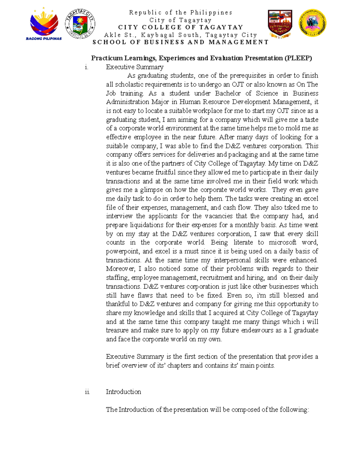 Pleep-Format - PLEEP FORMAT - C i t y o f T a g a y t a y C I T Y C O L ...