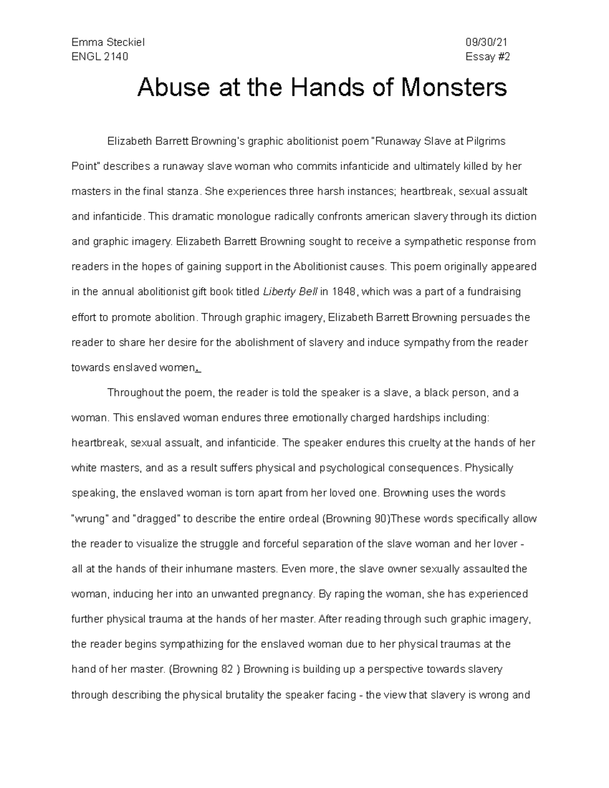 Essay#2 Single Passage Analysis - ENGL 2140 Essay # Abuse at the Hands ...