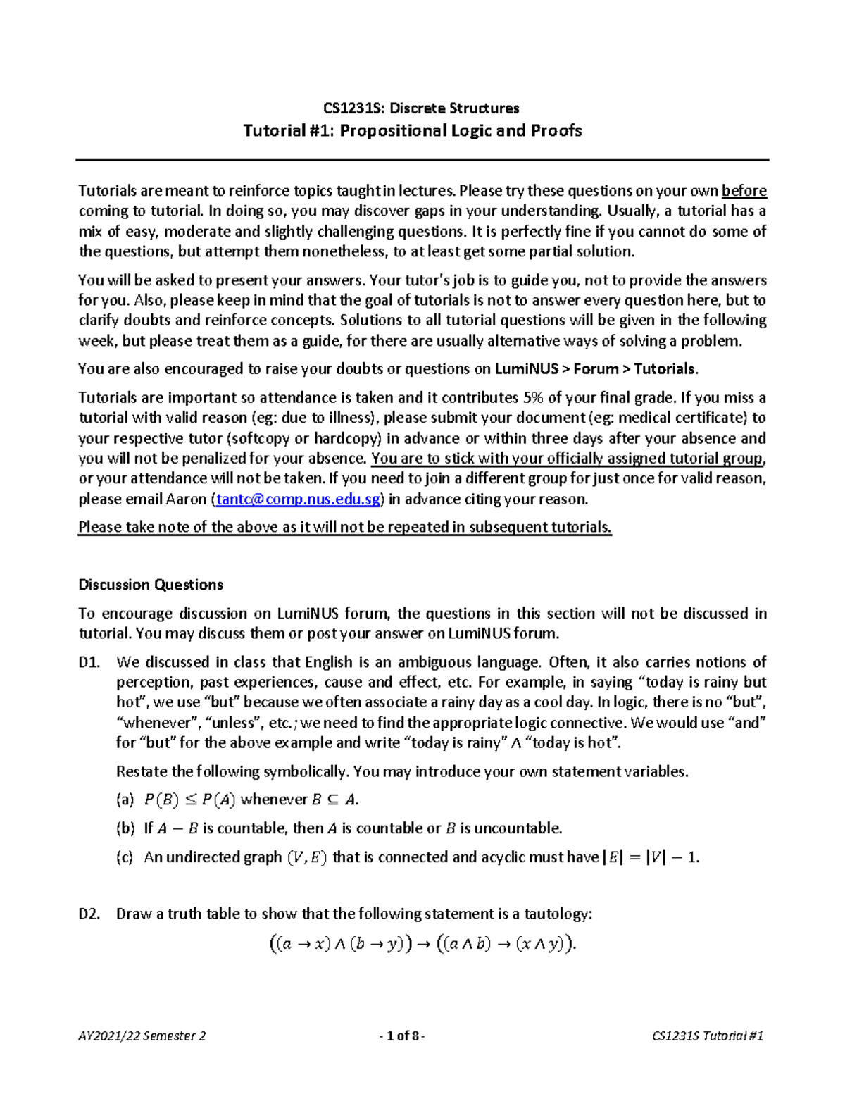 Tut01qns question and answer - CS1231S: Discrete Structures Tutorial #1: Propositional Logic and ...