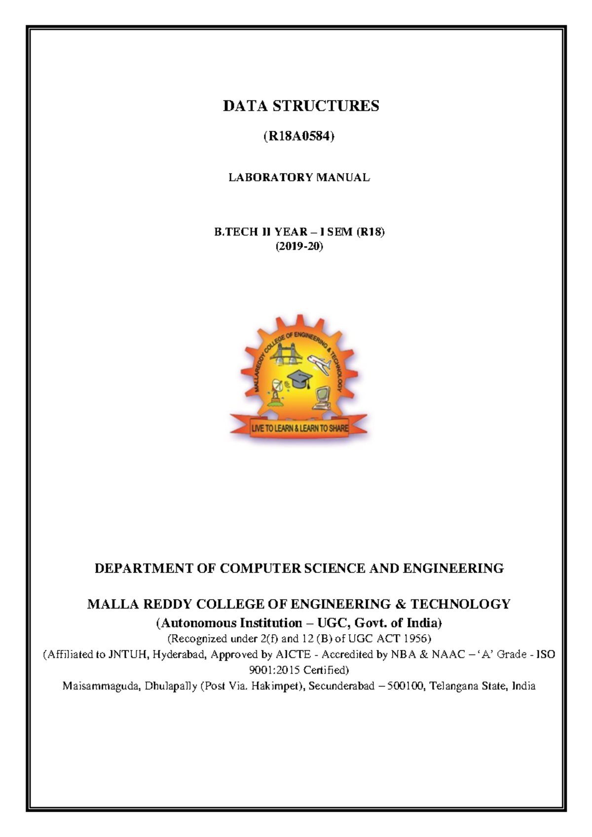 DATA Structures LAB - DATA STRUCTURES (R18A0584) LABORATORY MANUAL B II YEAR – I SEM (R18) (2019 ...