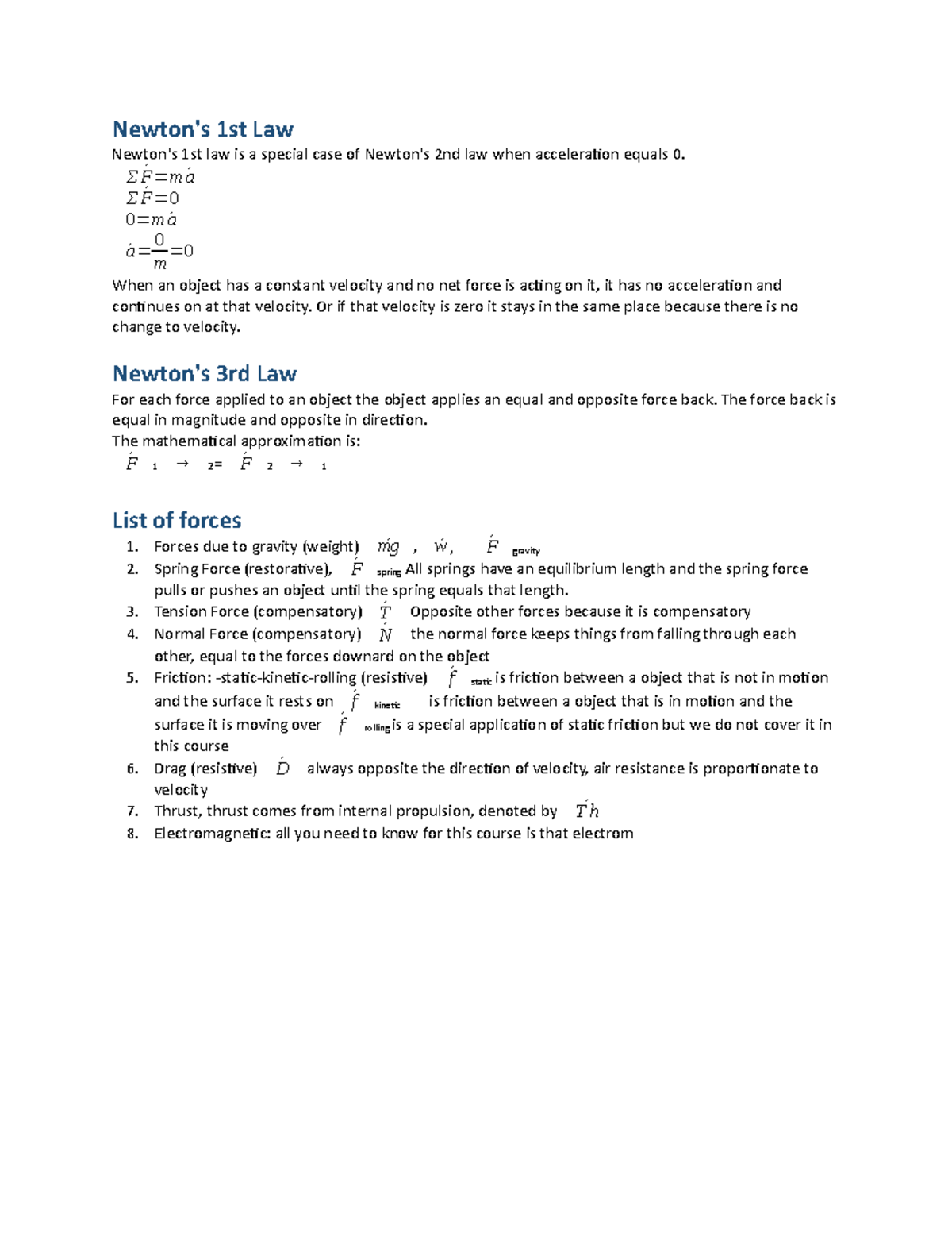 1st and 3rd Law- Lecture Notes Week 3 Day 2 - Newton's 1st Law Newton's ...