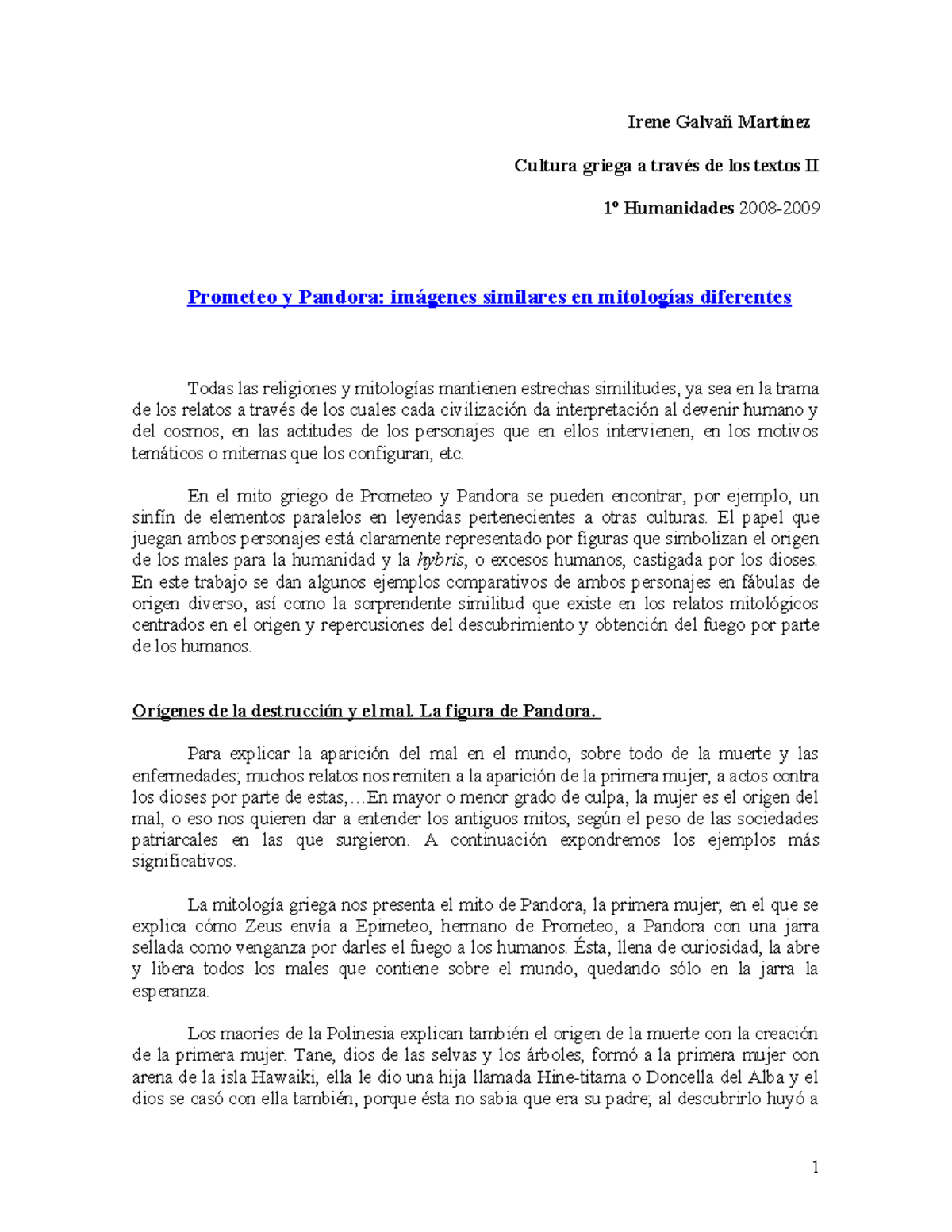 Prometeo y Pandora en mitologias diferentes - Irene Galvañ Martínez ...