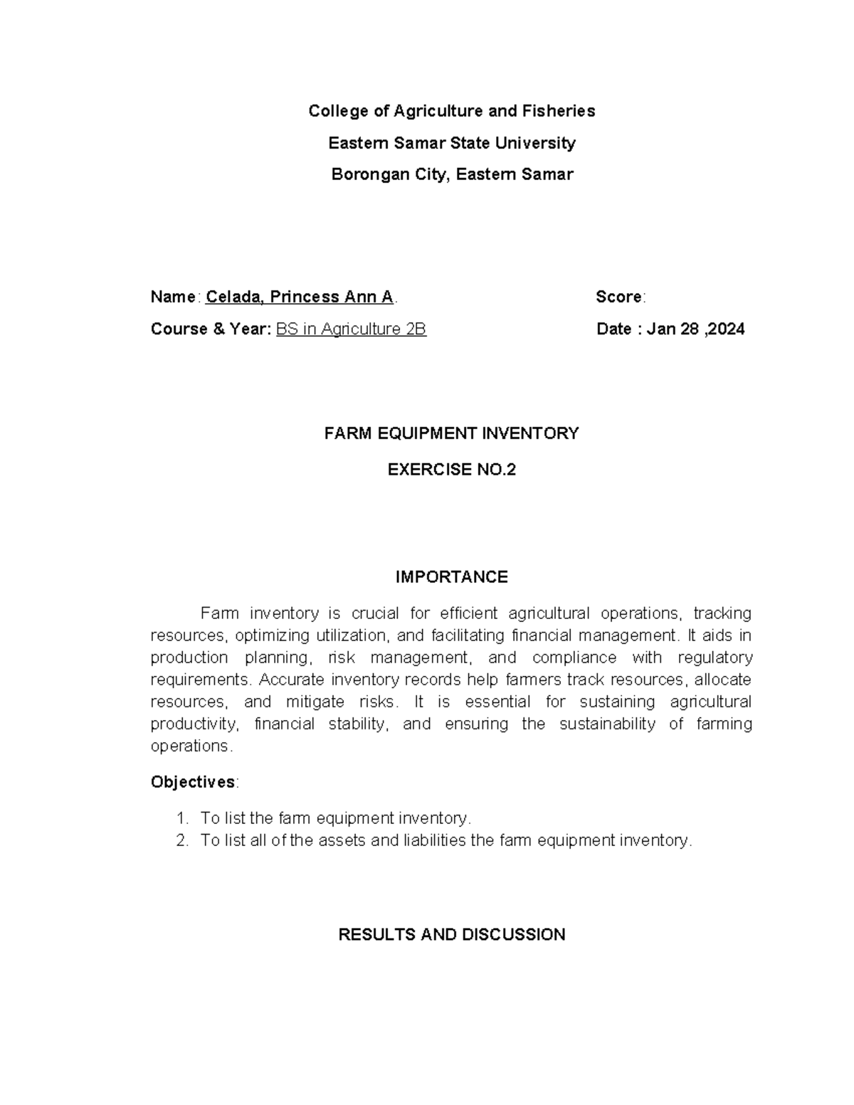 Farm Inventory - Free lecture notes - College of Agriculture and ...