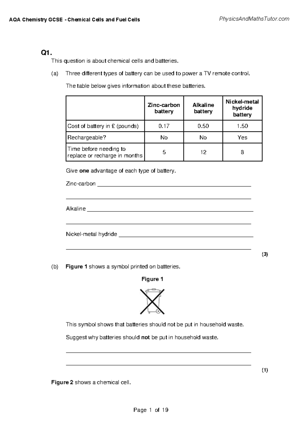 5.2 Chemical Cells and Fuel Cells QP - Q1. This question is about ...