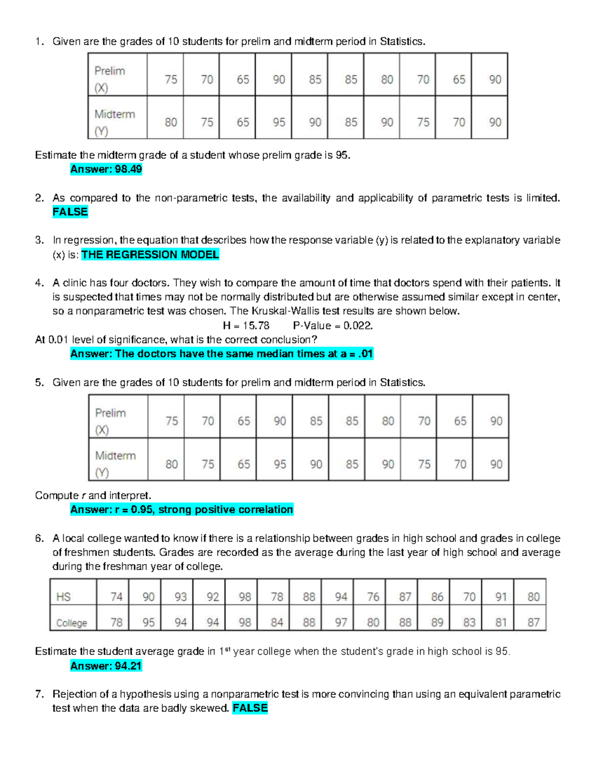 MATH- subject and topic - Given are the grades of 10 students for ...