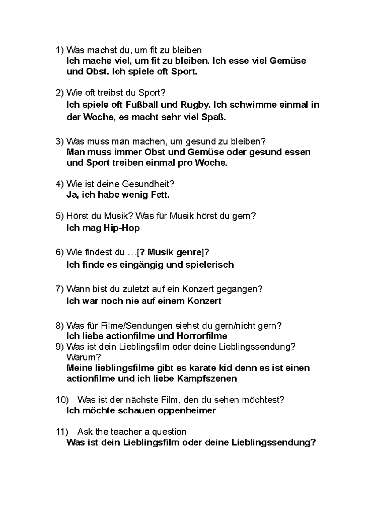 German questions - Sports - GCSE - Was machst du, um fit zu bleiben Ich ...