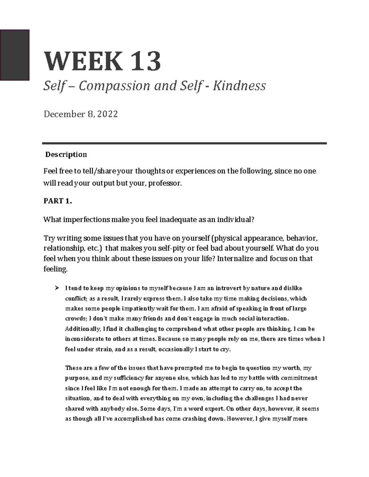 WEEK13 - PDF - WEEK 13 Self – Compassion and Self - Kindness December 8 ...
