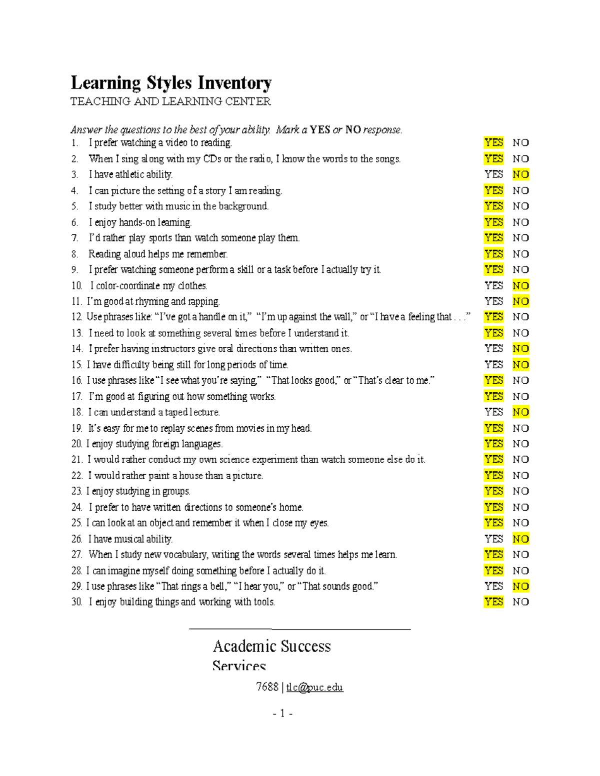 Appendix 1 (Learning Styles Inventory Topic 1) - Learning Styles ...