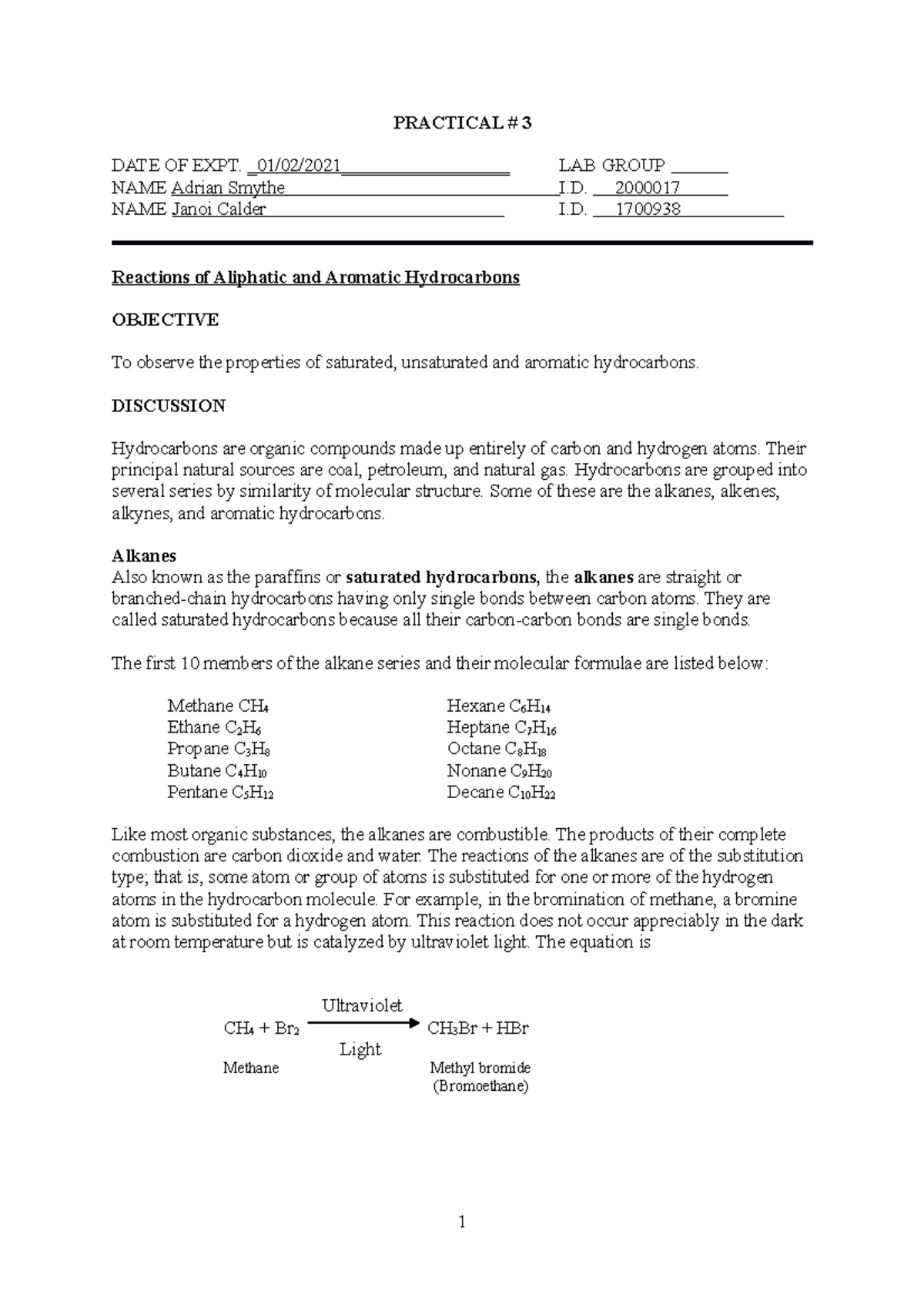 CHY2024 - Gen Chem 2 Lab Monday 2-5pm Experiment 3 - Reactions of ...