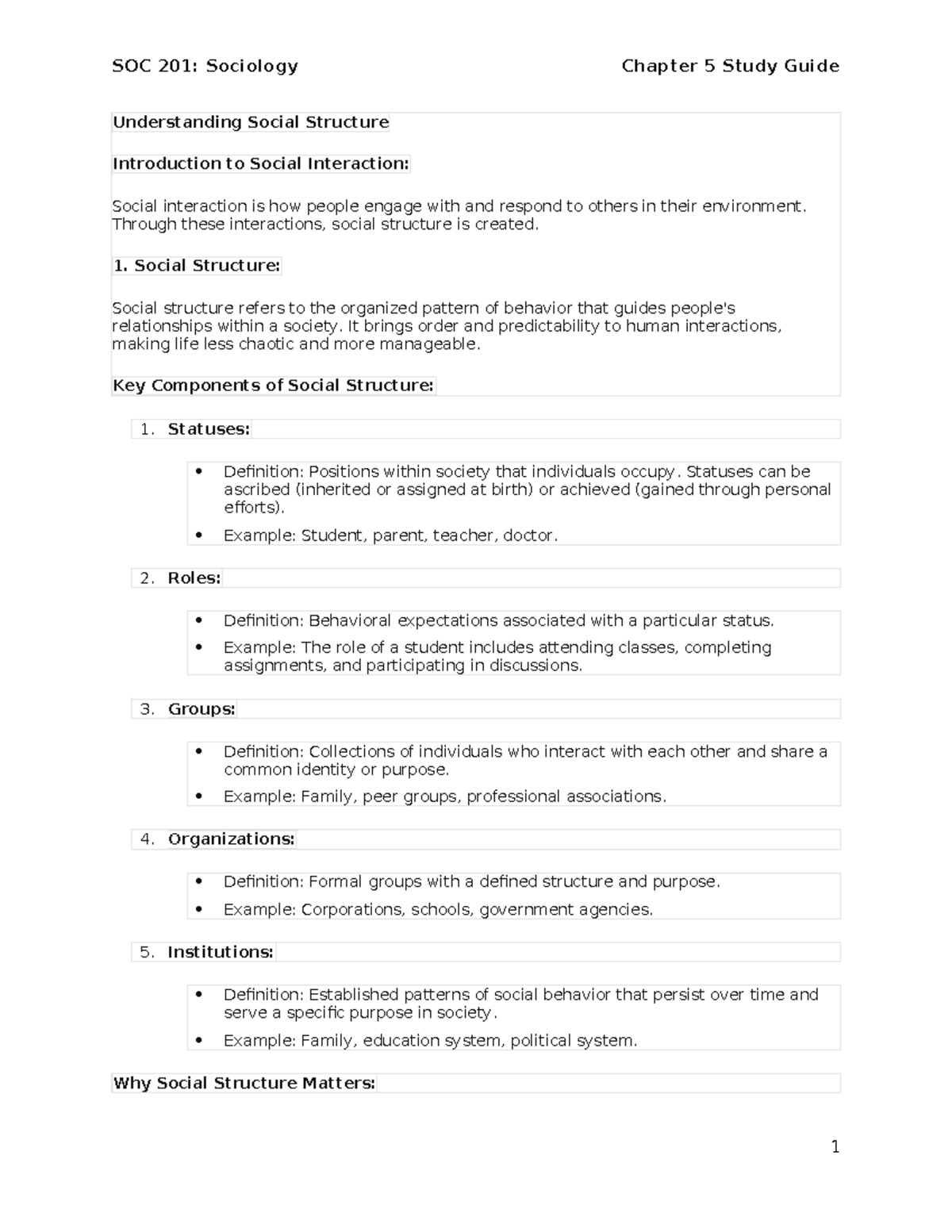 Study Guide Chapter 5-5 - Understanding Social Structure Introduction ...