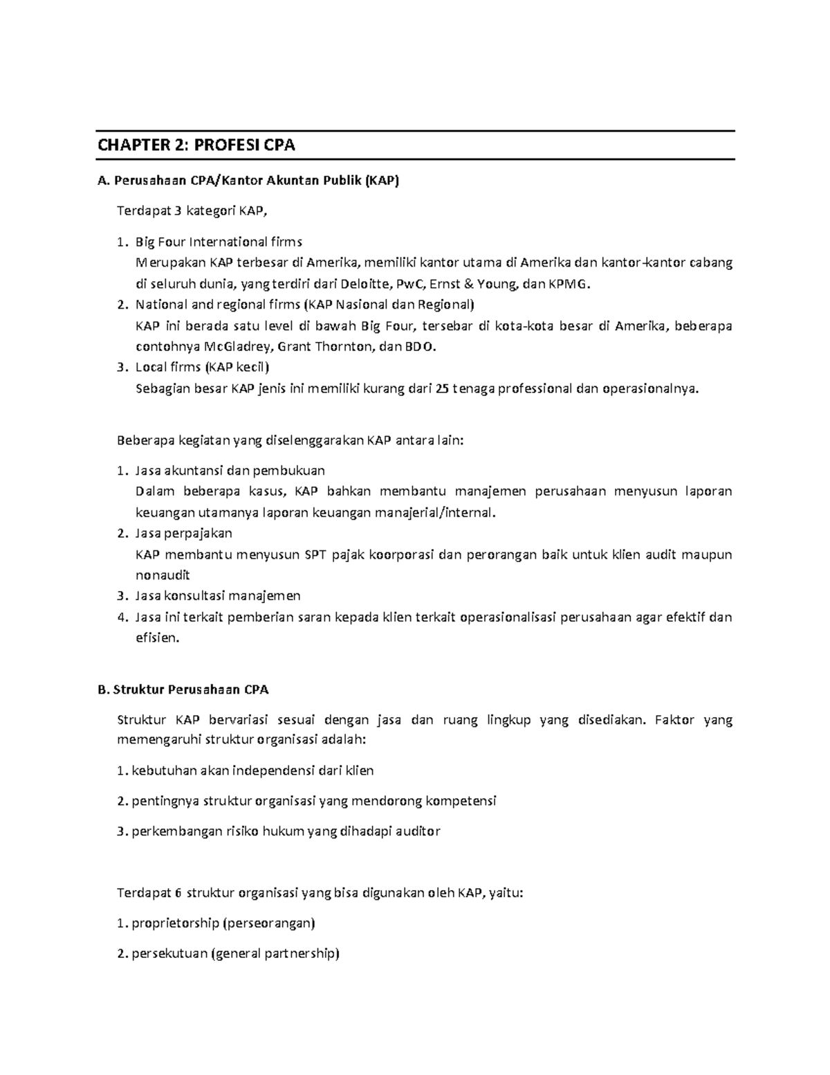 Profesi CPA - resume - CHAPTER 2: PROFESI CPA A. Perusahaan CPA/Kantor Akuntan Publik (KAP ...