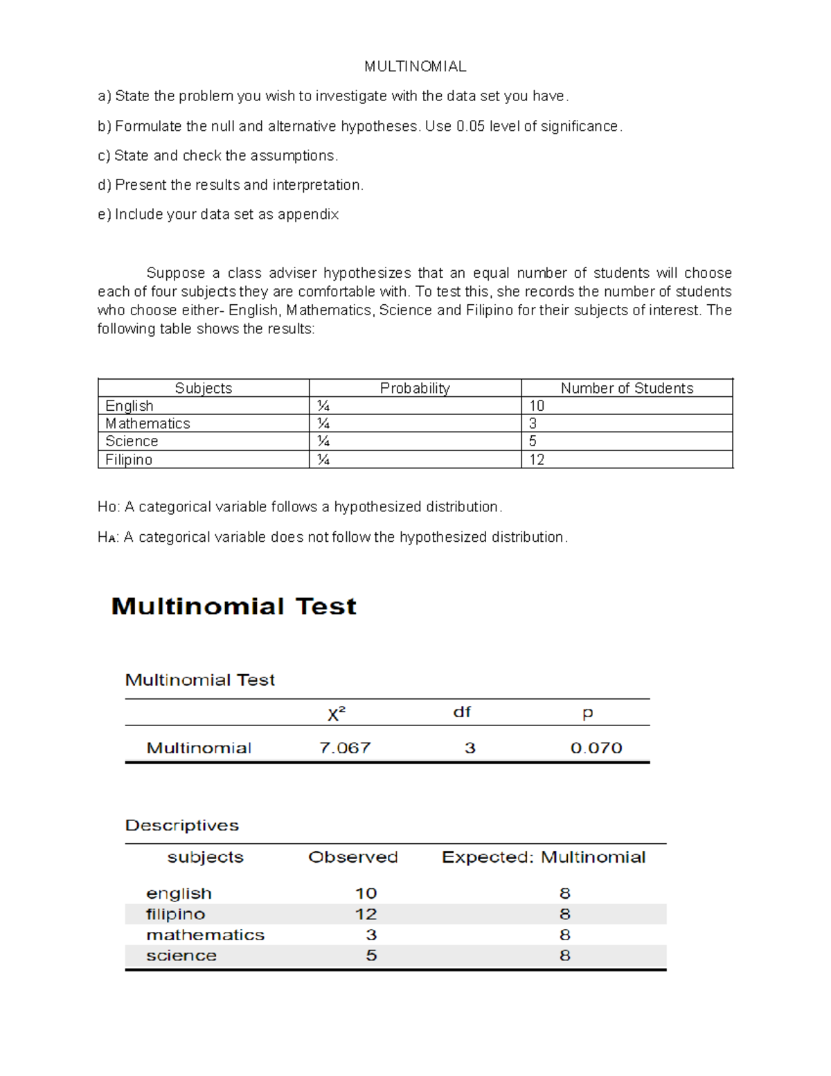 Multinomial - MULTINOMIAL a) State the problem you wish to investigate with the data set you ...