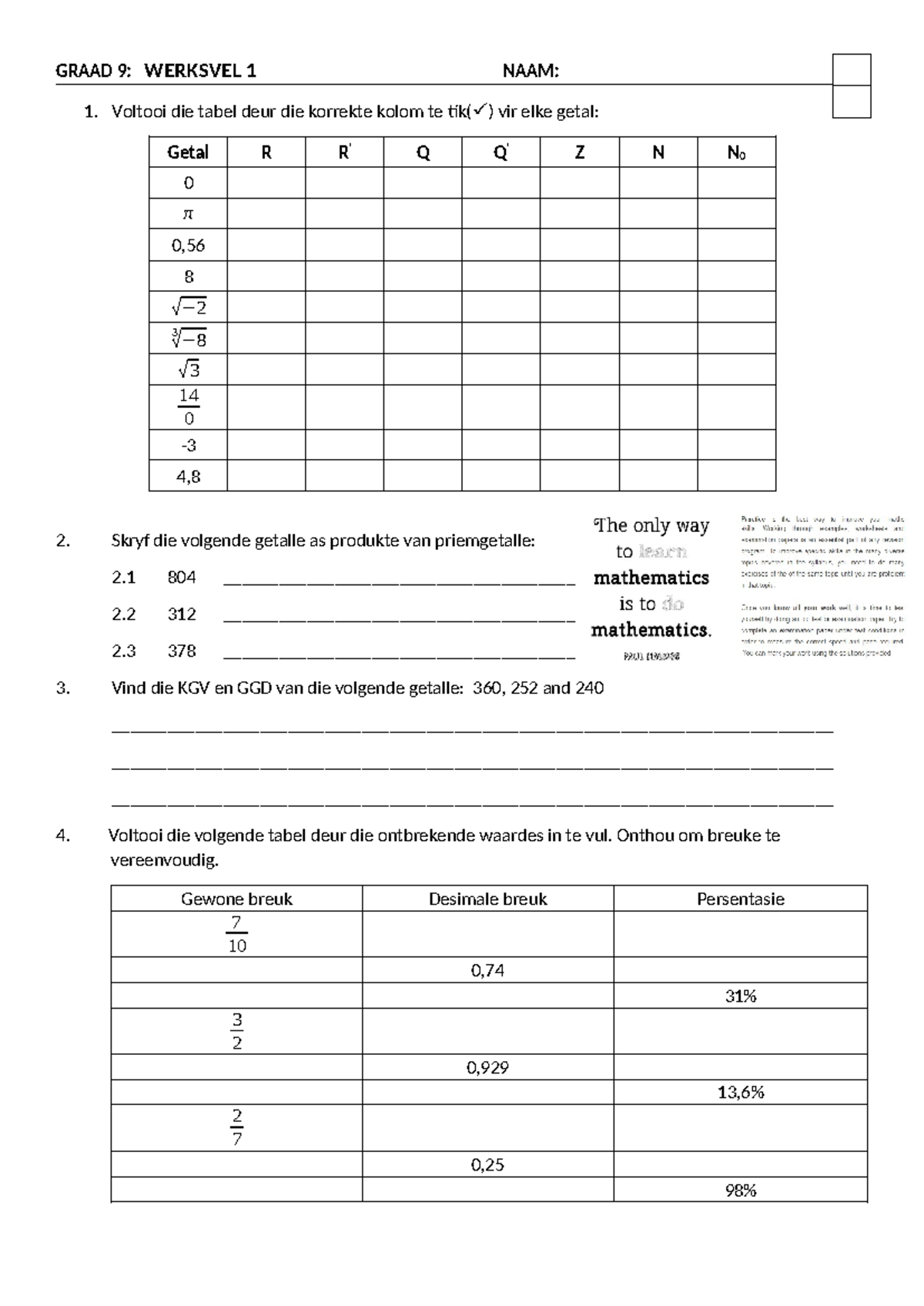 Gr 9 Worksheets afr - Extra work, - GRAAD 9: WERKSVEL 1 NAAM: Voltooi ...
