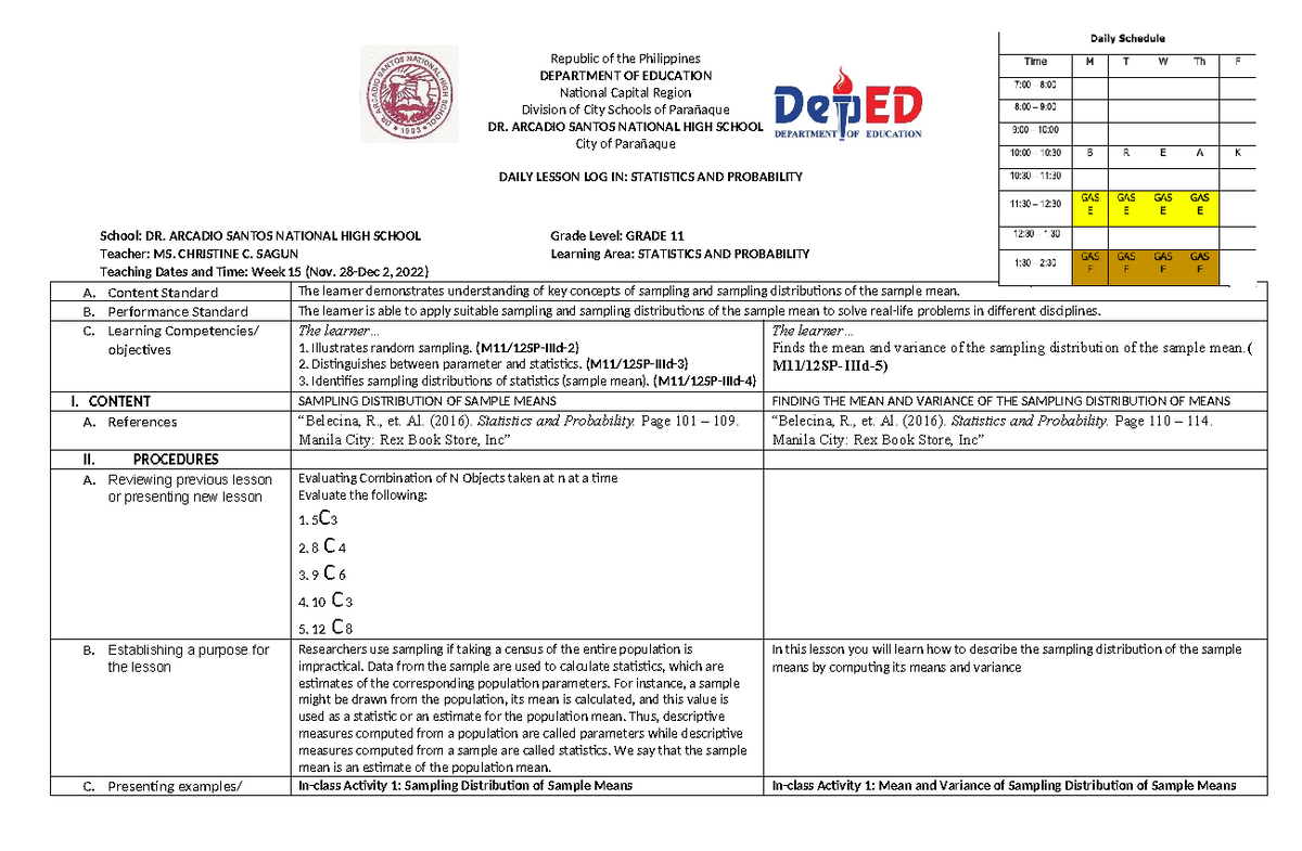 DLL SP W15 2K22 - lesson plan - DAILY LESSON LOG IN: STATISTICS AND ...