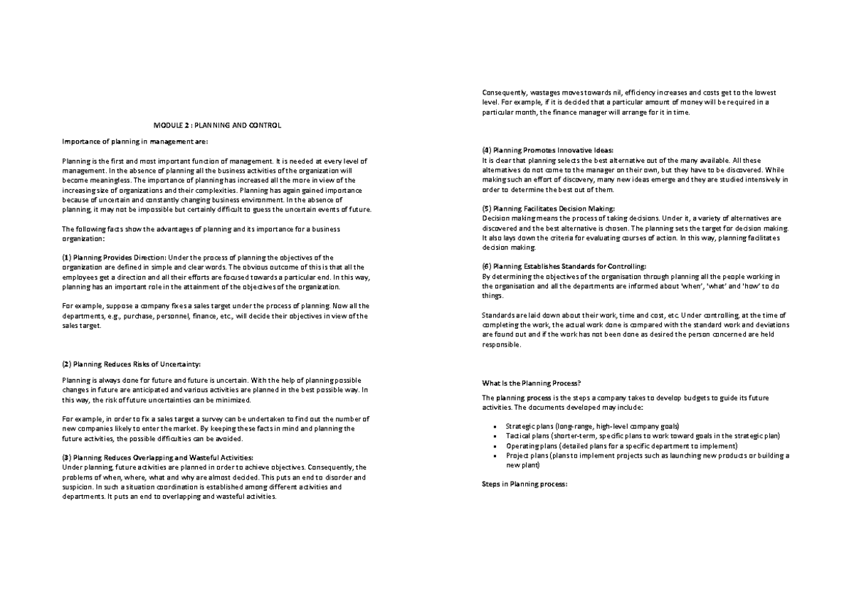 2ND Module POM BBA1ST YEAR 2 - MODULE 2 : PLANNING AND CONTROL ...
