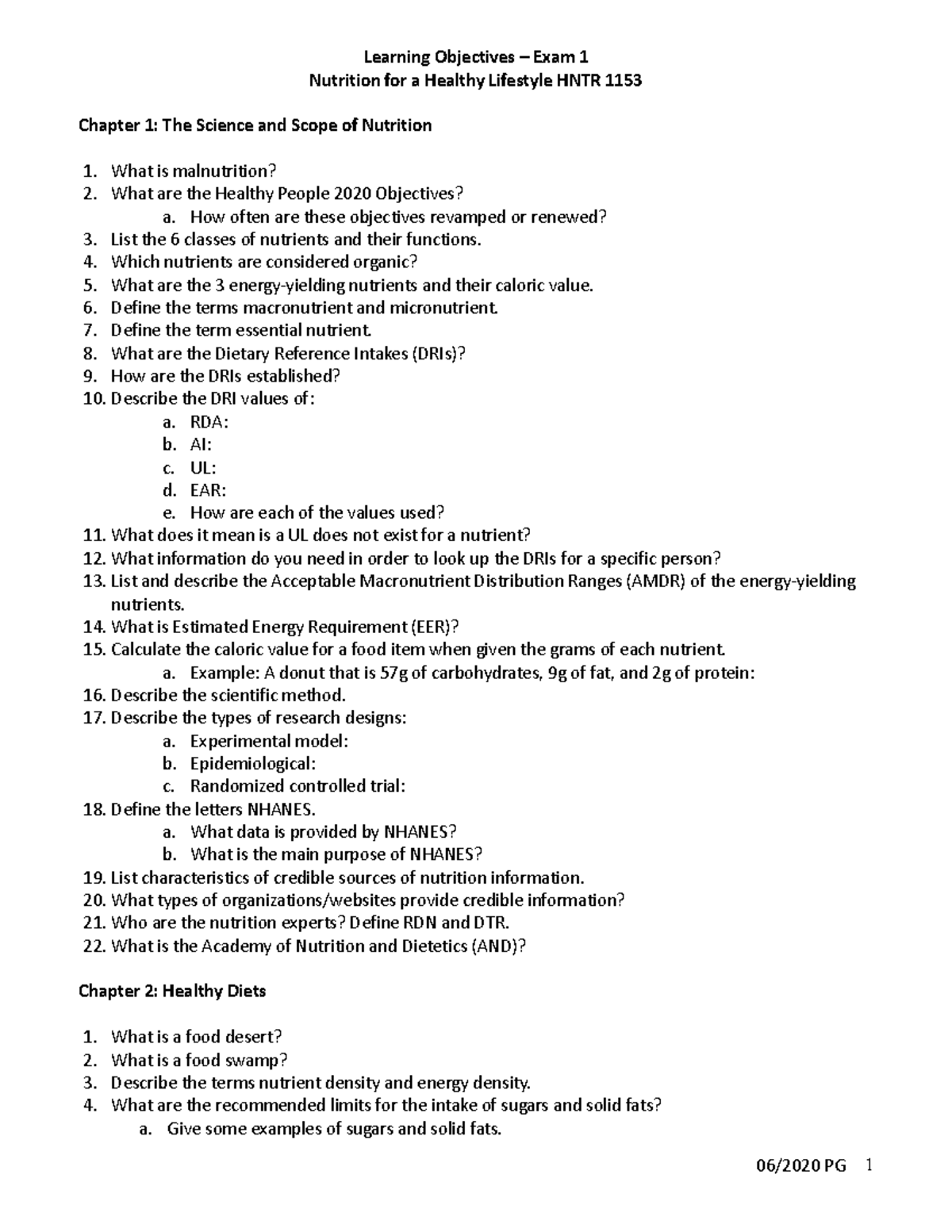 Exam 1 - exam 1 - Learning Objectives – Exam 1 Nutrition for a Healthy ...