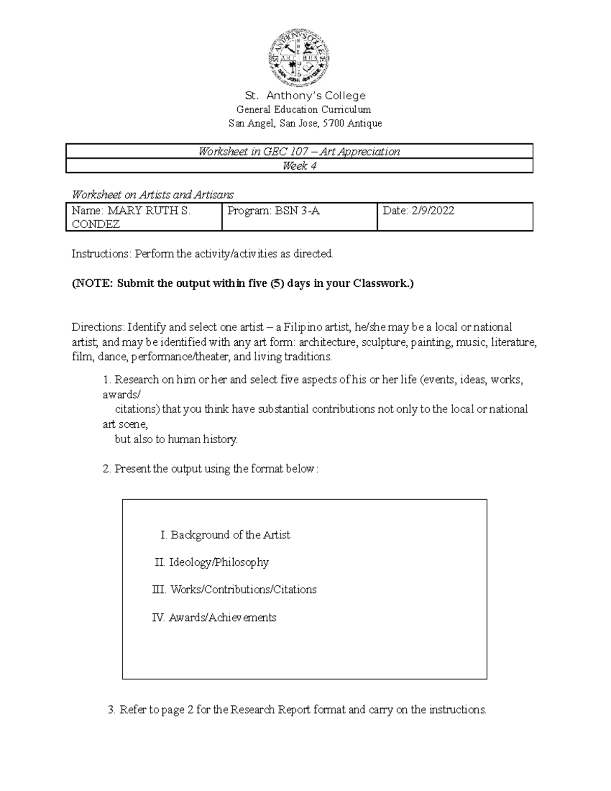 Activity Worksheet in GEC 107-Week 4 - General Education Curriculum San ...